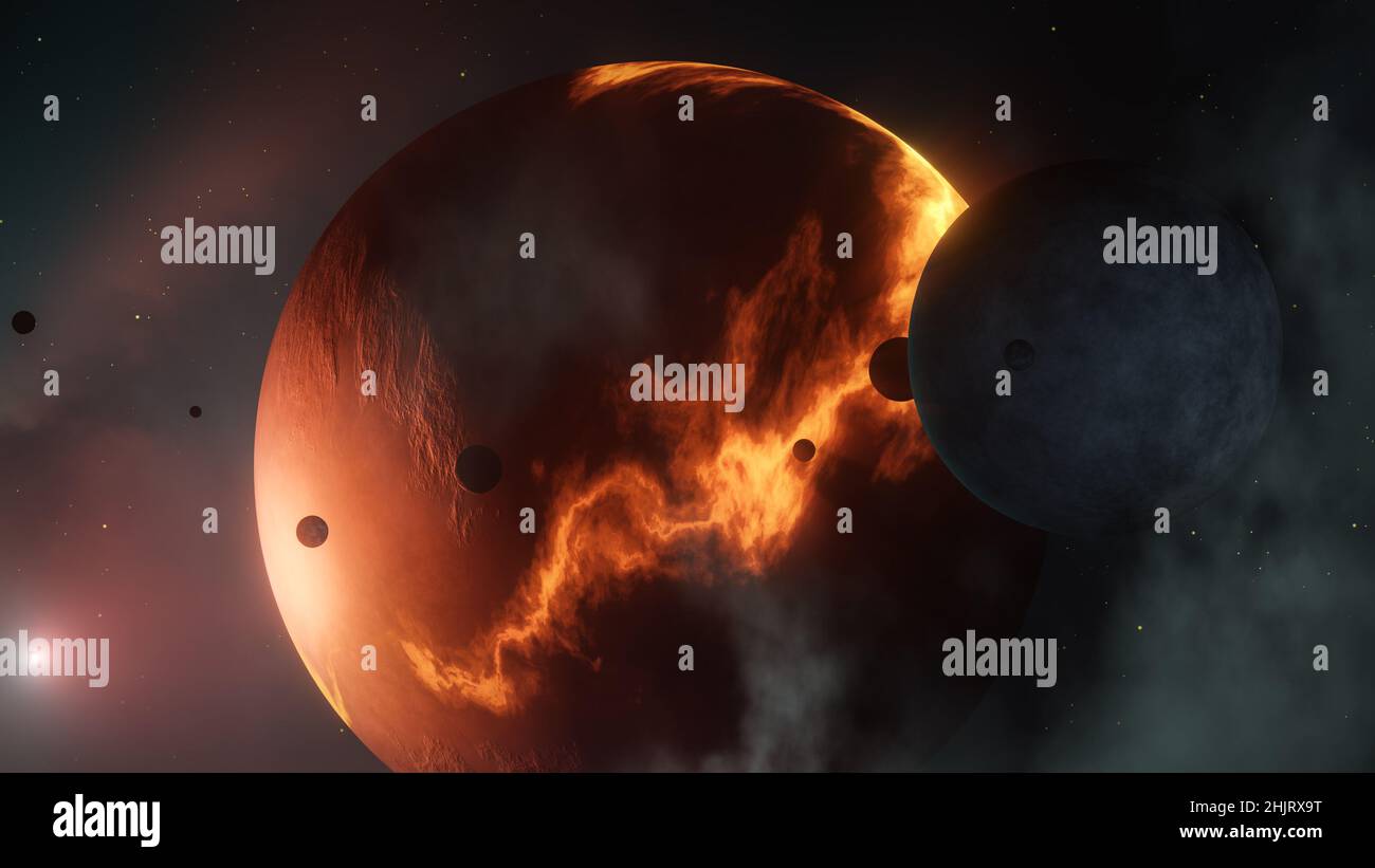 3D illustration of glowing red planet in space with stars Stock Photo ...