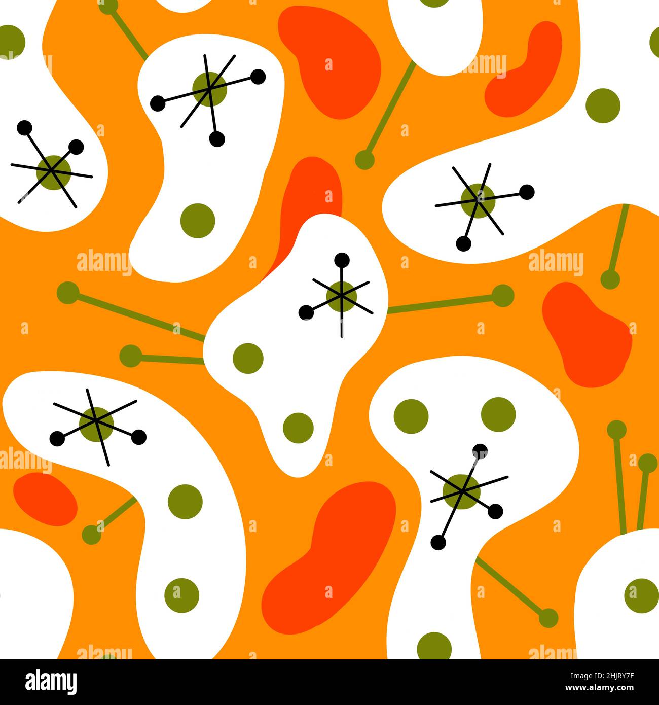 Seamless hand drawn mid century modern pattern in red green orange ...