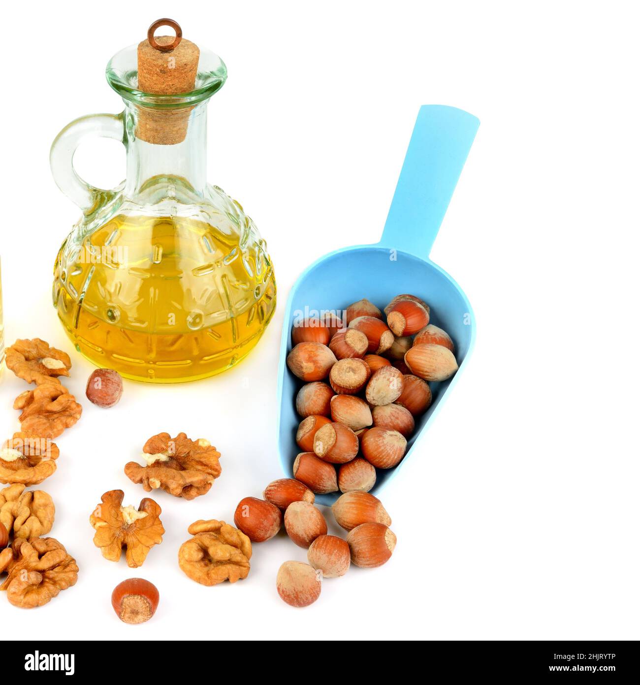 Oil of walnut and hazelnut, nut fruit isolated on white background ...