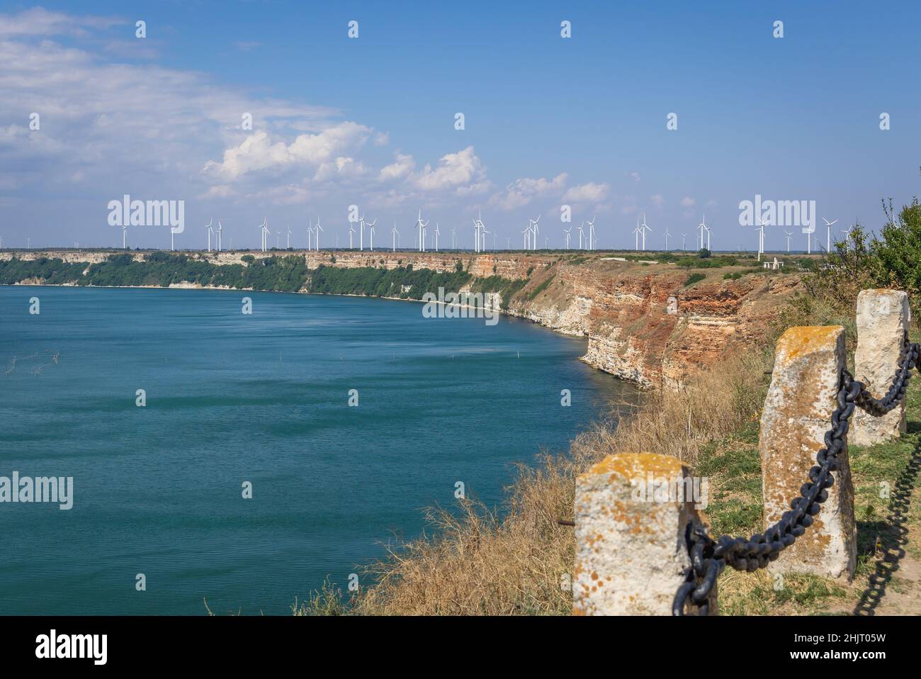 Wind turbines seen from Kaliakra Cape in Southern Dobruja region of the ...