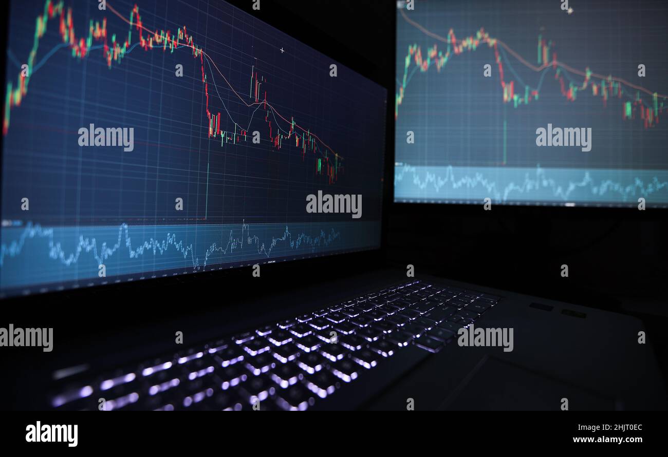 Laptop screen with stock market charts. Technical analysis and ...