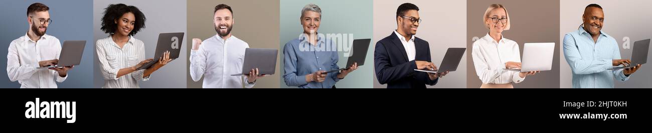 Set of business people in formal wear using modern laptop computers ...