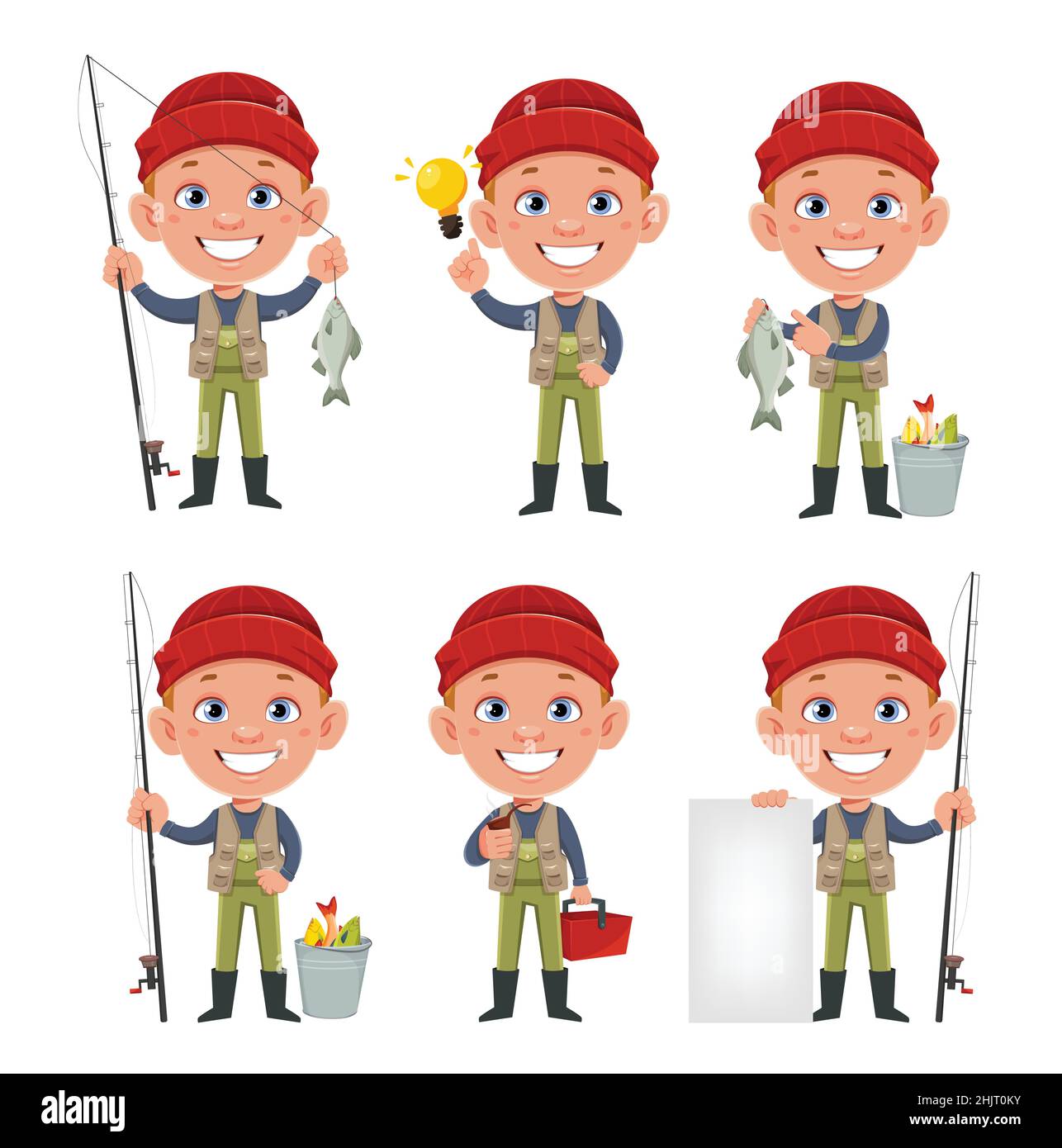 Fisherman, set of six poses. Cheerful fisher cartoon character. Stock ...
