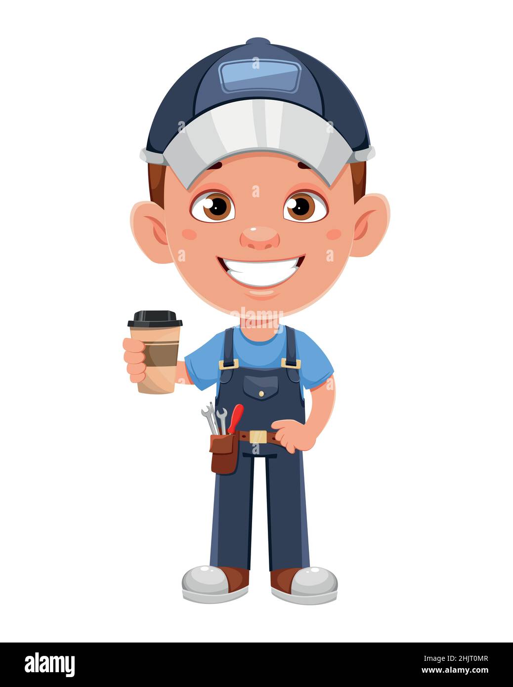 Auto mechanic cartoon character. Cheerful automechanic having a coffee ...