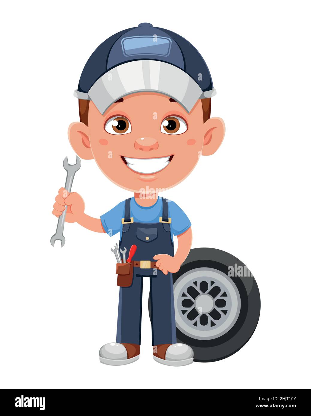 Auto mechanic cartoon character. Cheerful automechanic holding wrench ...