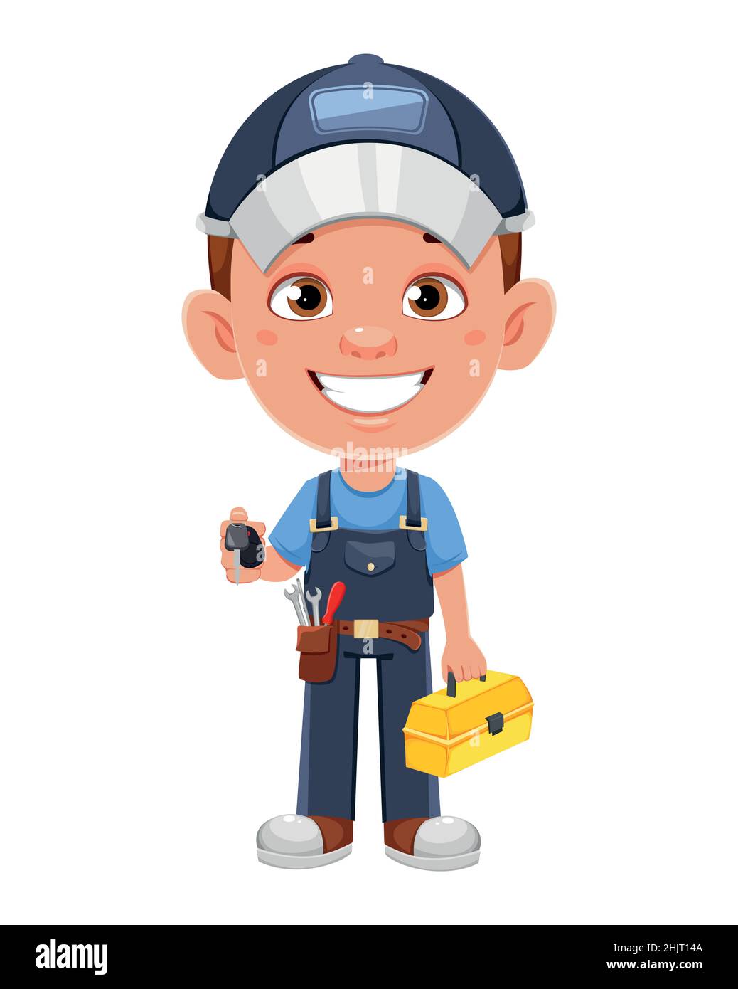 Auto mechanic cartoon character. Cheerful automechanic holding tools ...