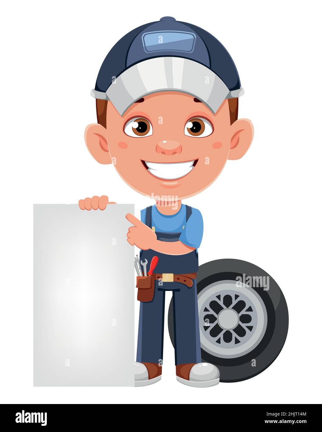 Auto mechanic cartoon character. Cheerful automechanic holding blank ...