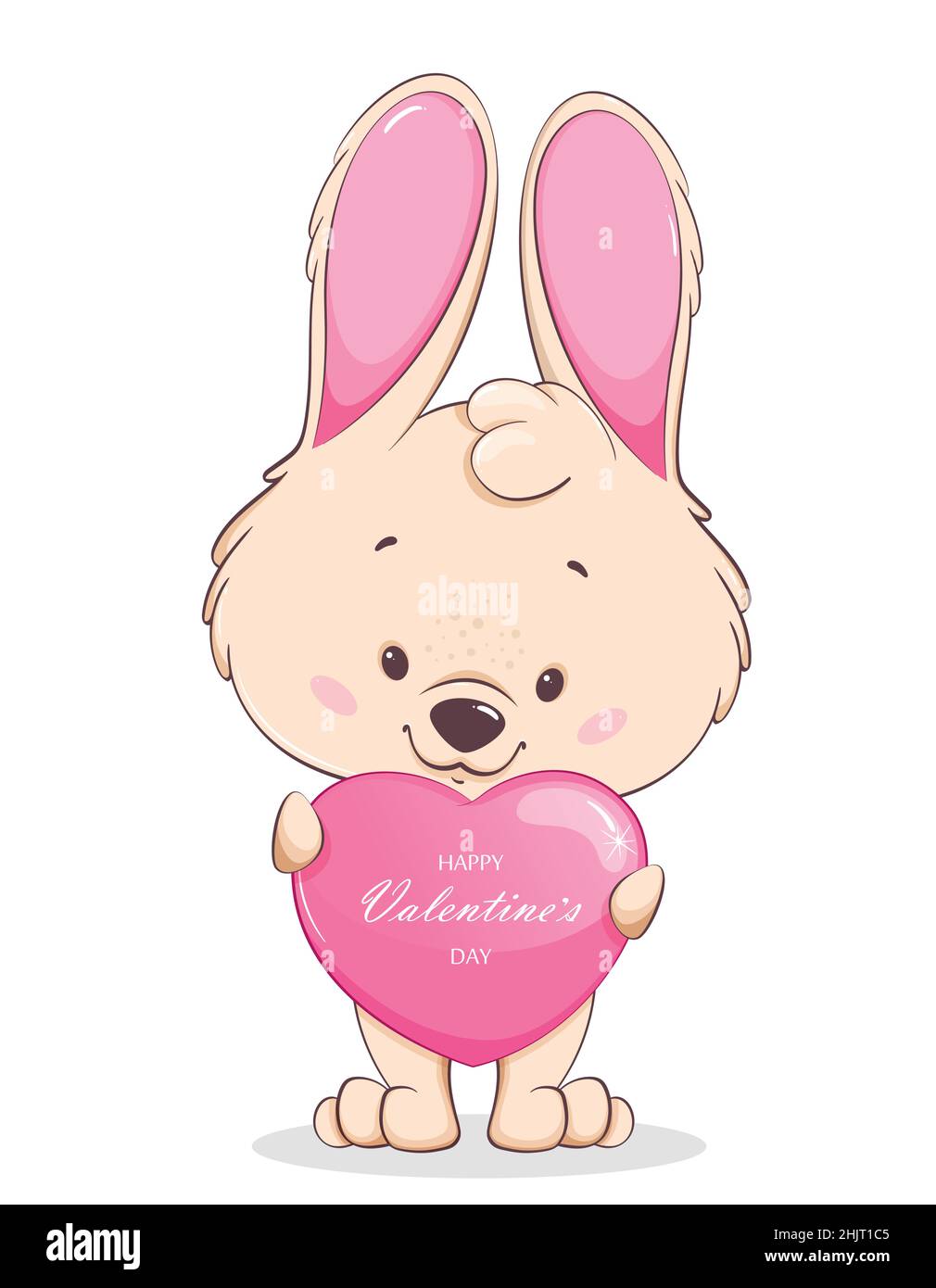 Happy Valentines day. Cute bunny cartoon character holding pink heart ...
