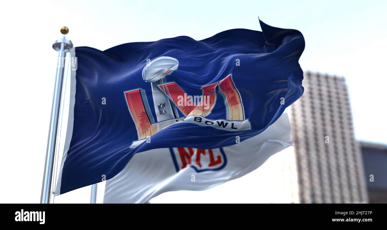 Inglewood, CA, USA, January 2022: The flag with the LVI Super Bowl logo ...