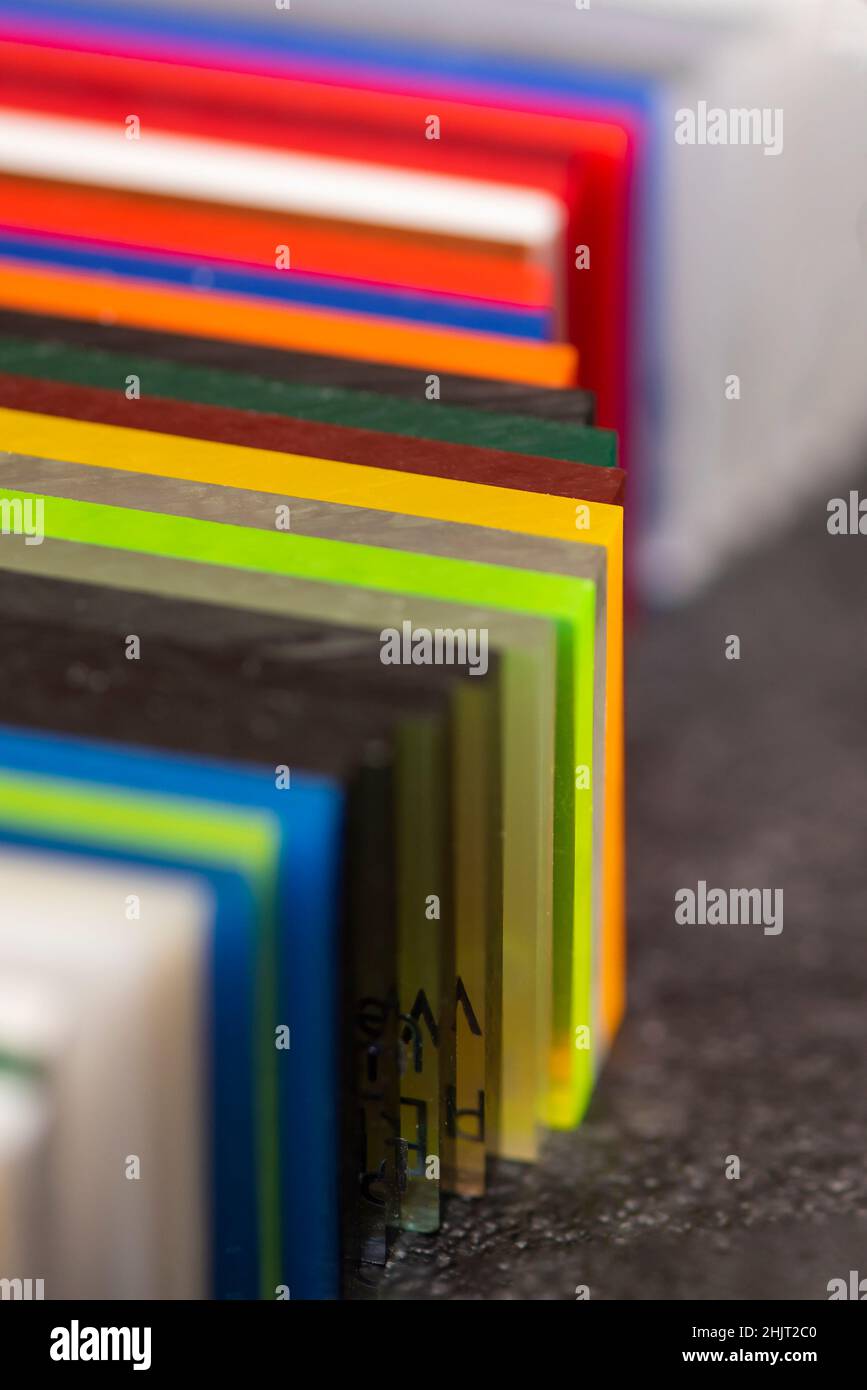 Multi-colored samples of organic glass. Colorful acrylic sheets plastic ...