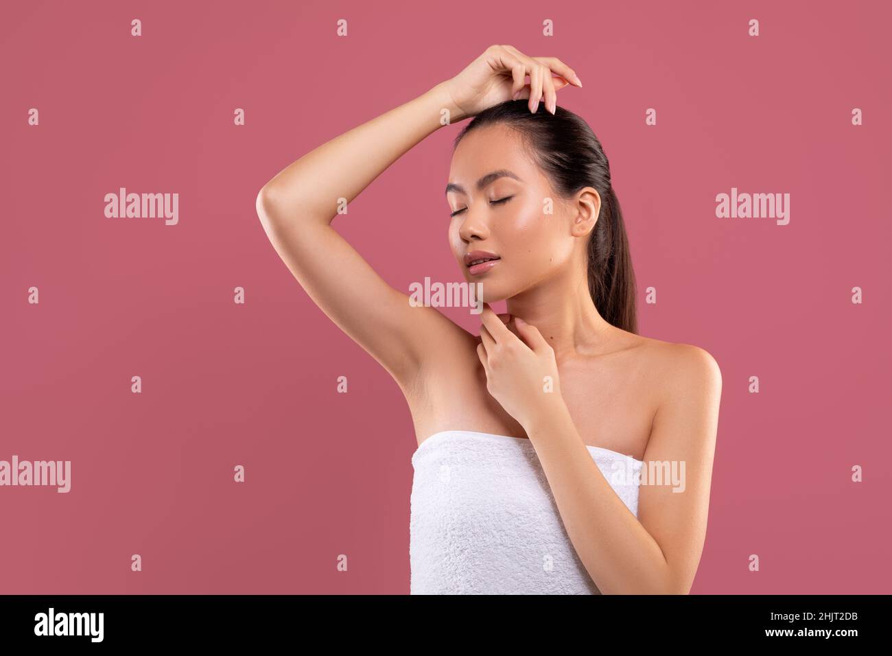 Sensual japanese woman showing her clean and hairless armpit Stock ...