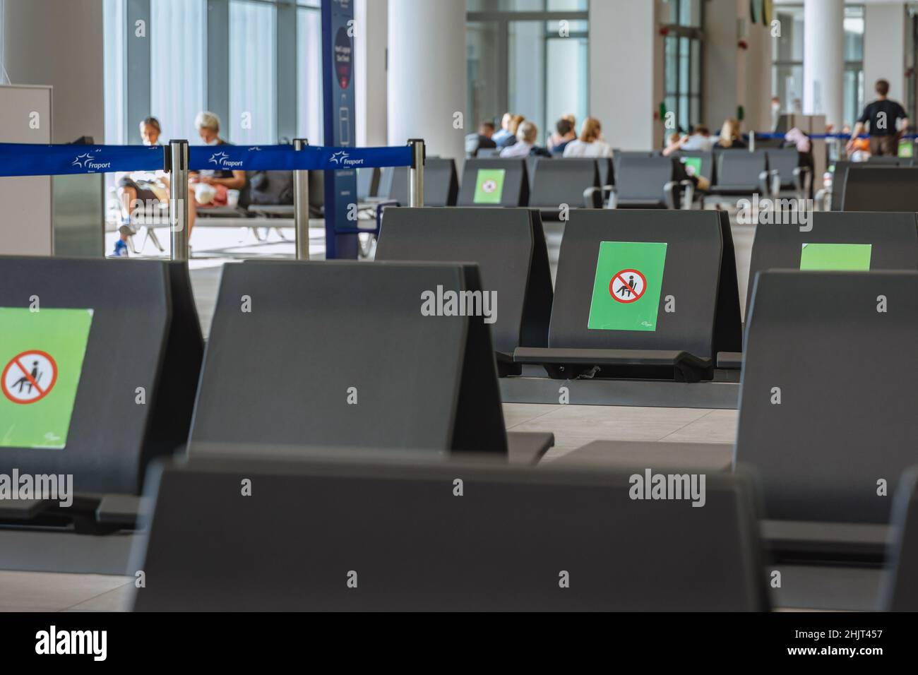 Social distance signs on a chair in Corfu International Airport Ioannis ...
