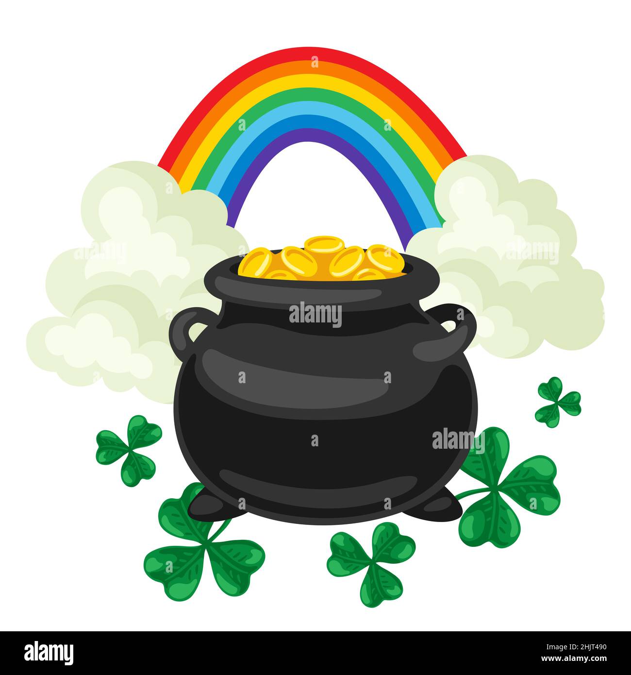 Saint Patricks Day illustration. Pot with gold coins, rainbow and ...