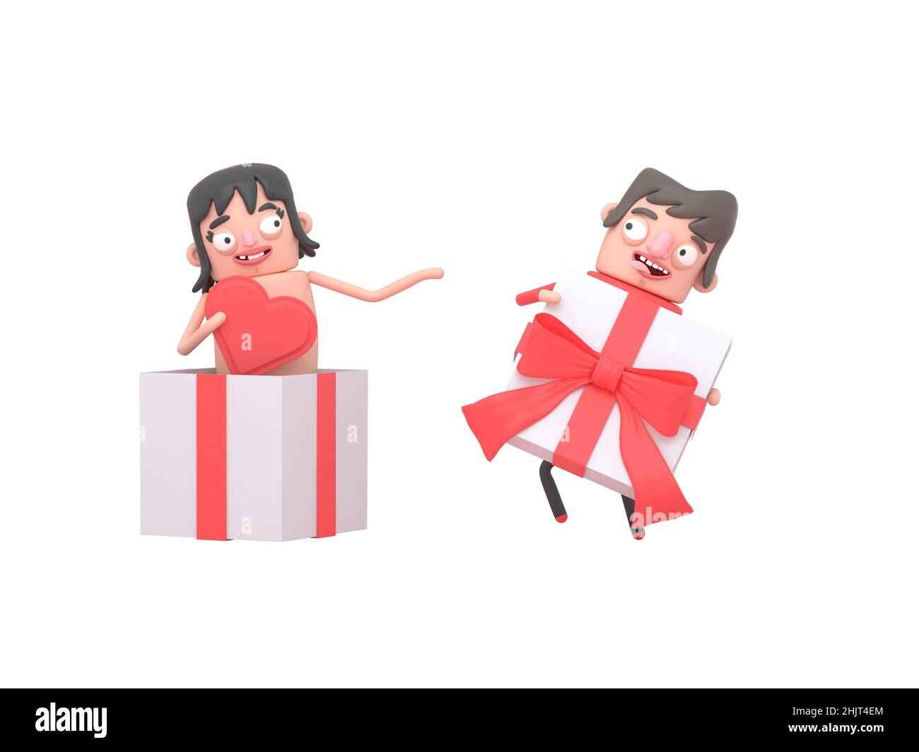 Lovely boy opening his girlfriend´s gift. Box. Love Red heart shape ...