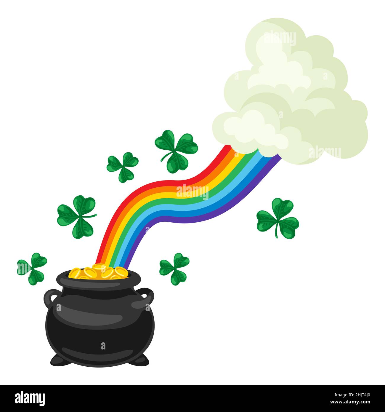 Saint Patricks Day illustration. Pot with gold coins, rainbow and ...