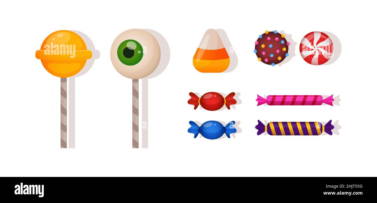 Cartoon candies set for halloween. Eye lollipop, long candy, isolated ...
