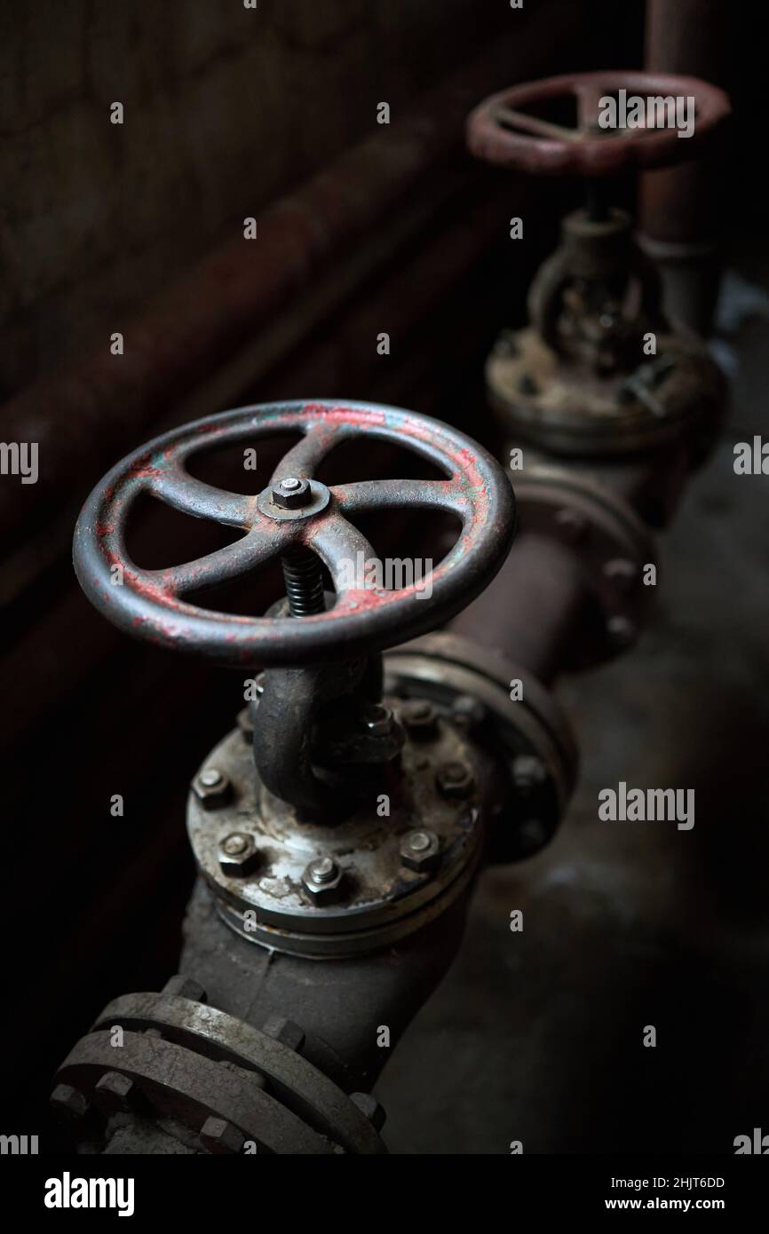 Industrial pair of valves ventil with flanges closeup selective focus ...