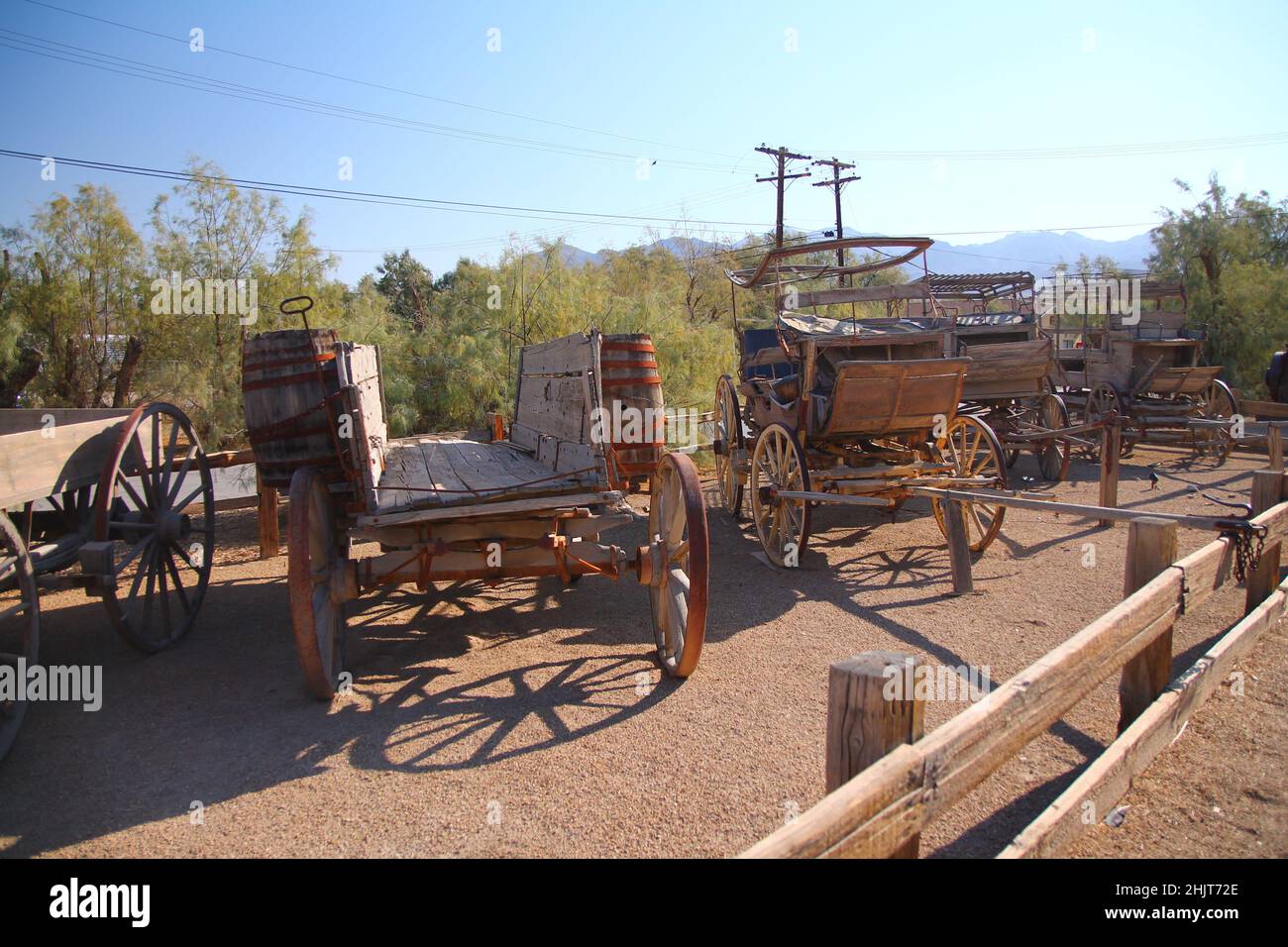 The old traditional wooden carriages in the Death Valley desert in ...