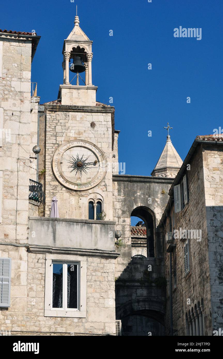 Famous bell tower with flock of swallows flying around it, Split ...