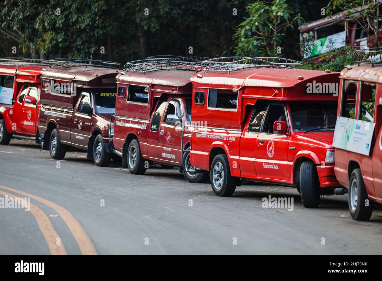 Chiang Mai, Thailand - march 5 2018: red bus on the street of city ...