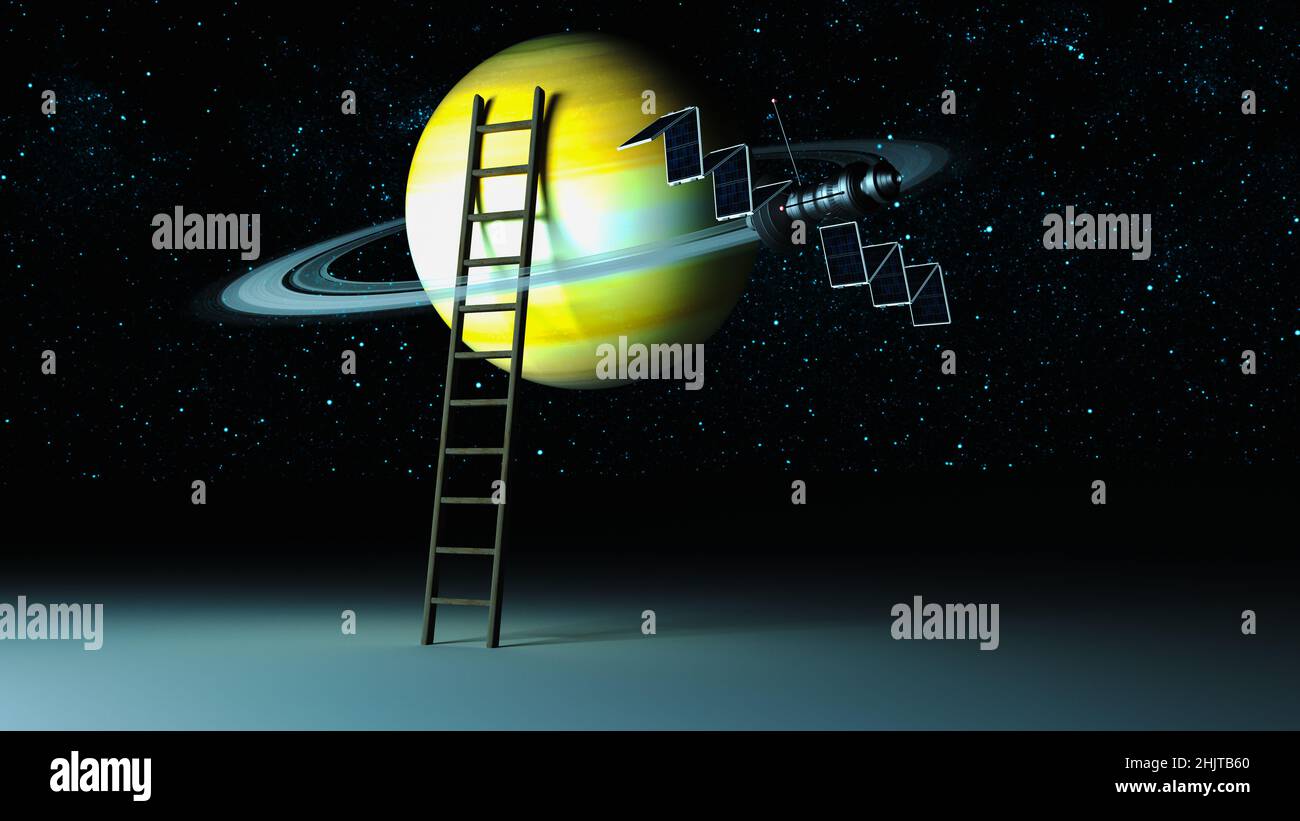 ladder to the planet saturn (3d rendering,this image elements furnished ...