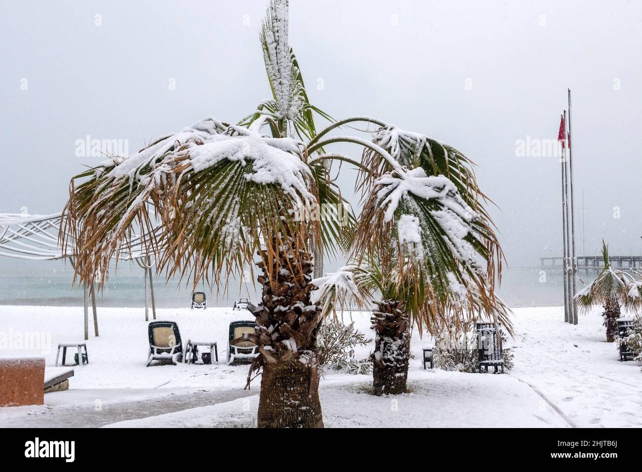 Heavy snowfall on the Mediterranean coast. Snow storm and white covered ...