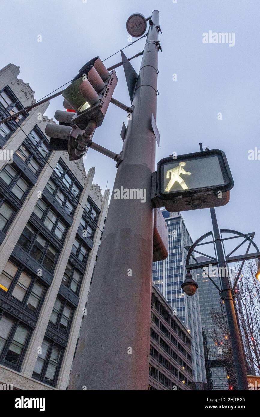 Vertical shot of a pedestrian crossing sign on a tall pole in the city ...