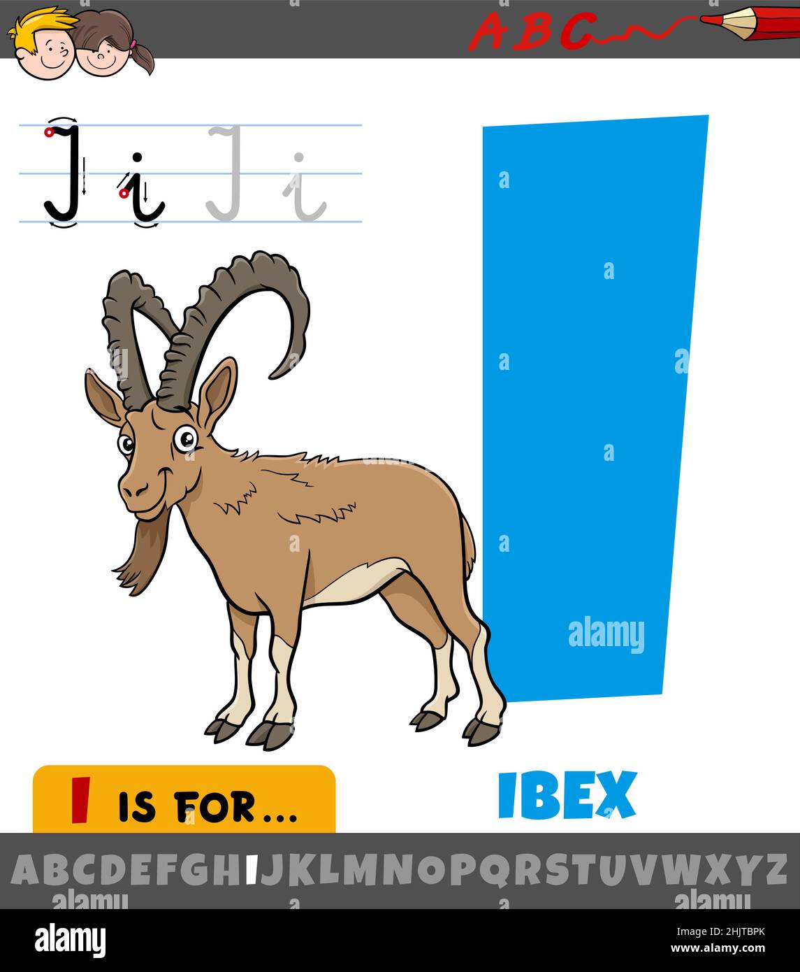 Educational cartoon illustration of letter I from alphabet with ibex ...