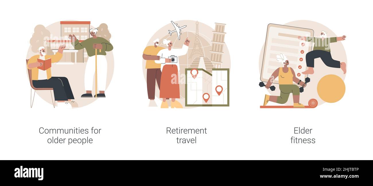 Elderly people activity abstract concept vector illustration set. Communities for older people ...