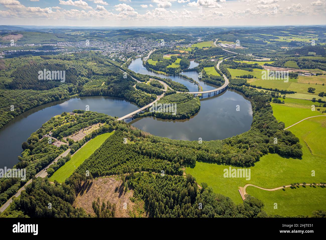Aerial view, Biggesee, upper lake with bridge Landesstraße L512, bridge ...