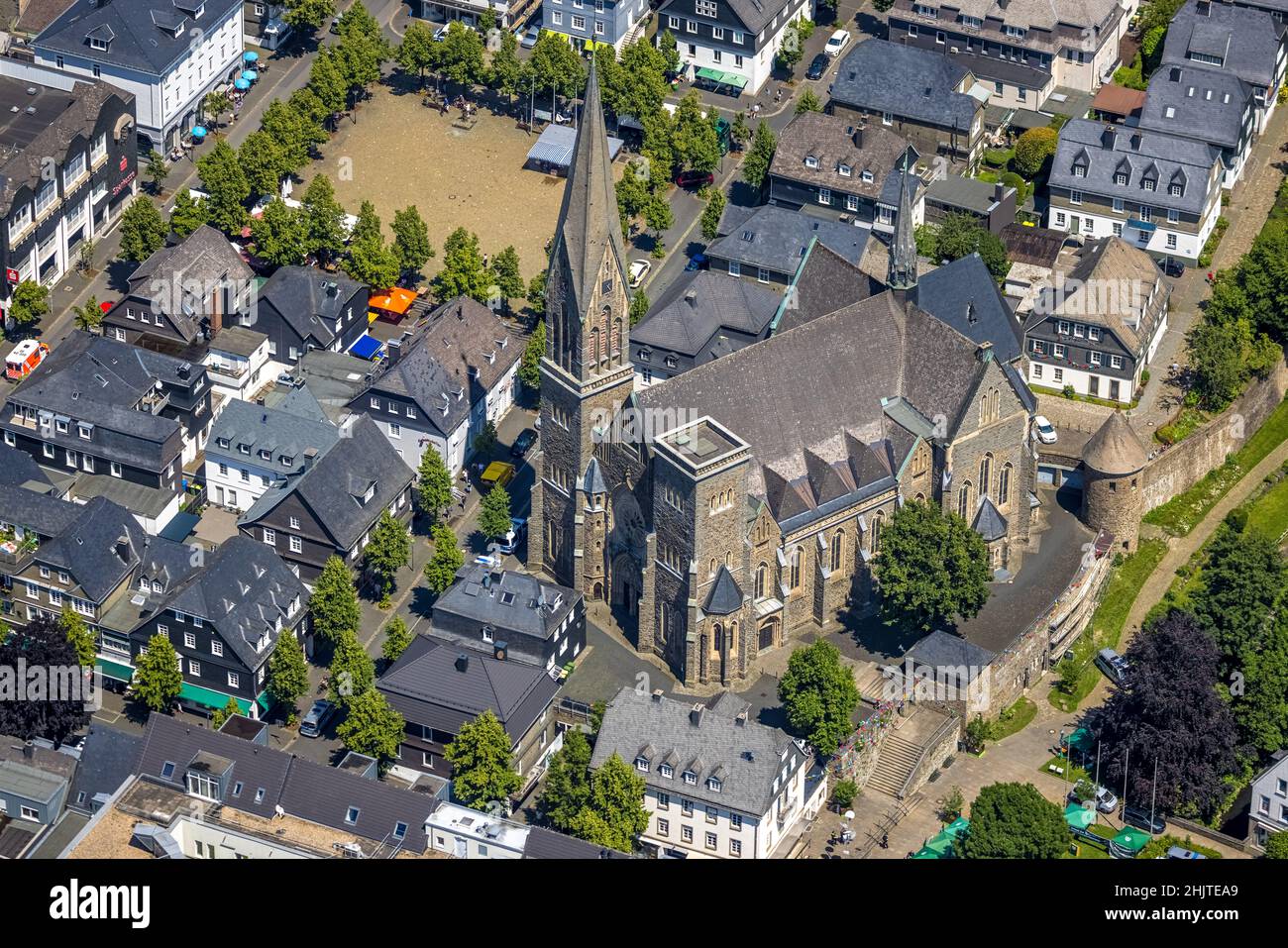 Aerial view, St. Martinus church, city wall with angel tower, market ...