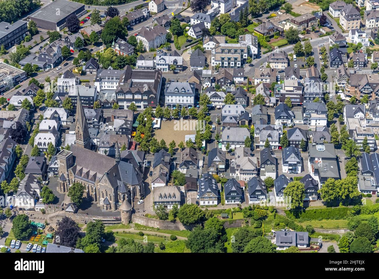 Aerial view, St. Martinus church, city wall with angel tower, market ...