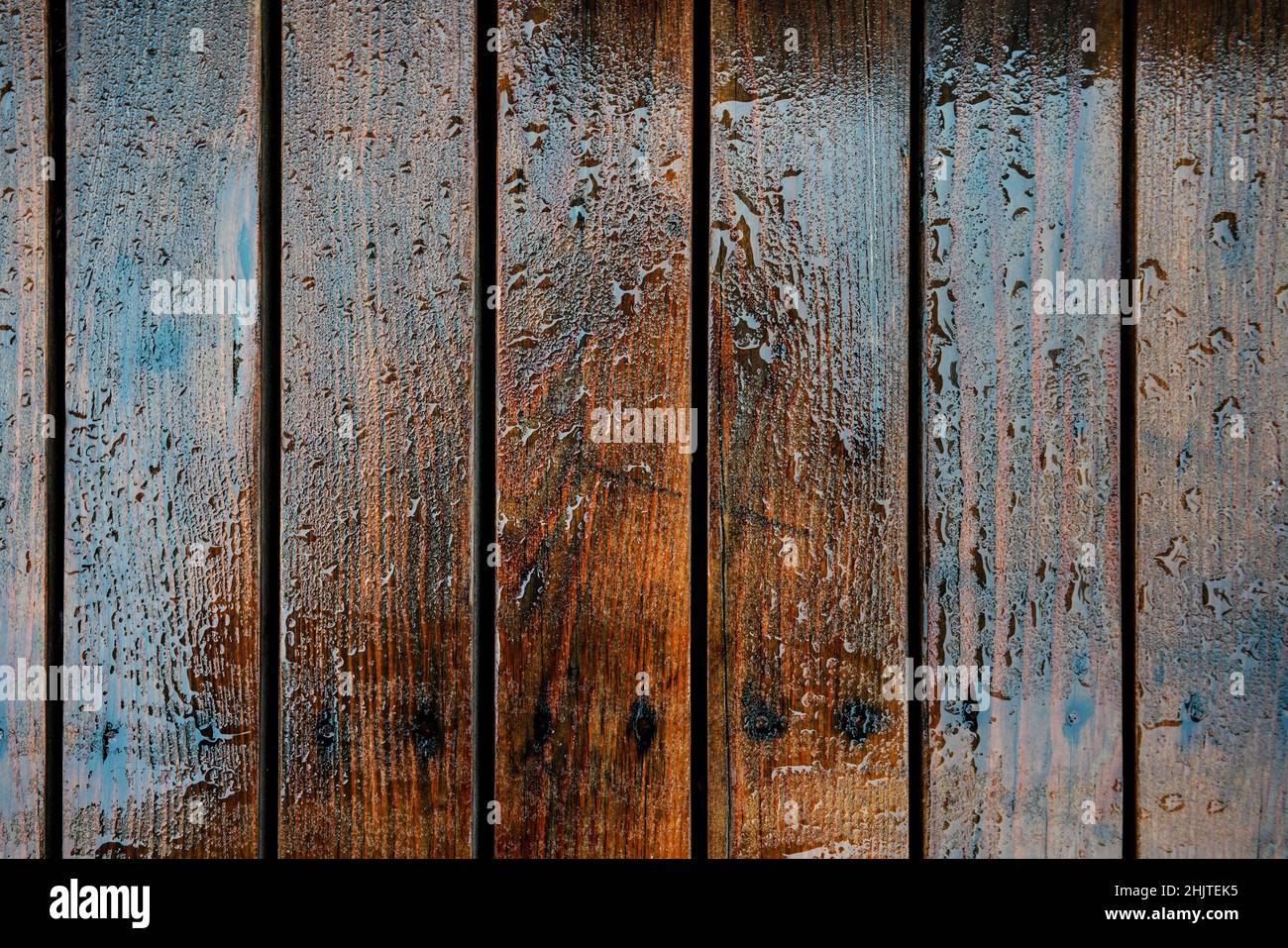 Wooden boards pavement wet from rain, close-up detail from above Stock ...