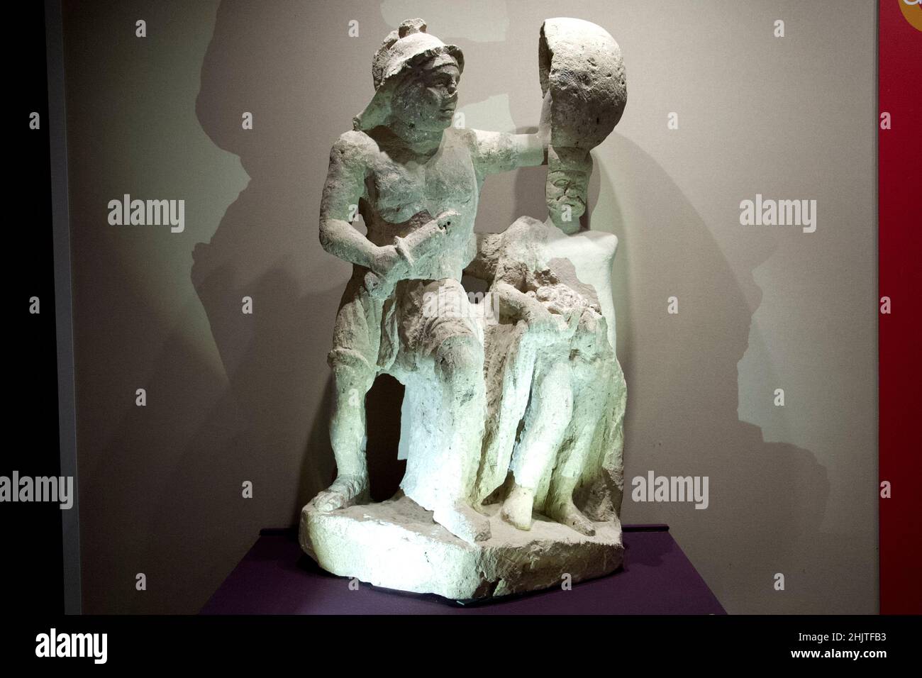 Statue of gladiator with Priapus in tuff, on display during the ...