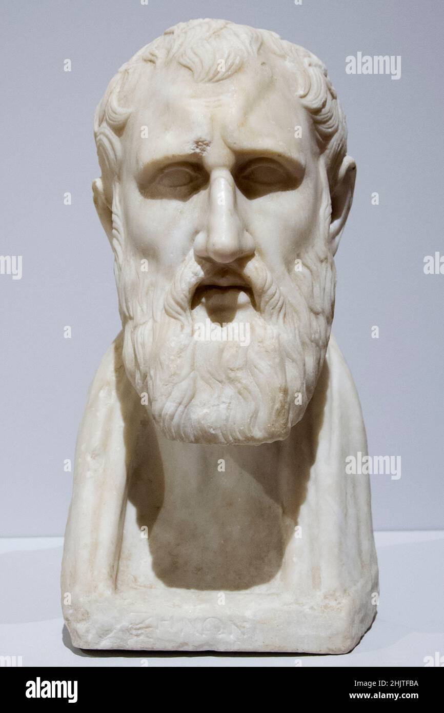 Bust of Zeno in Greek white marble, on display during the "Gladiators ...