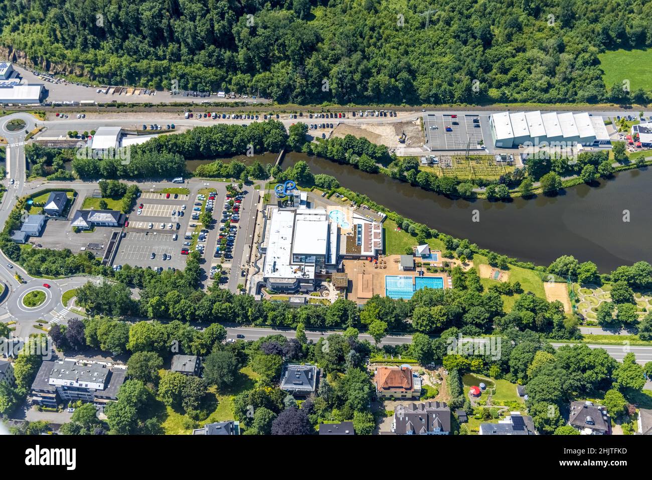 Aerial view, Olpe leisure pool, Olpe town, Olpe, Obersee, Sauerland ...