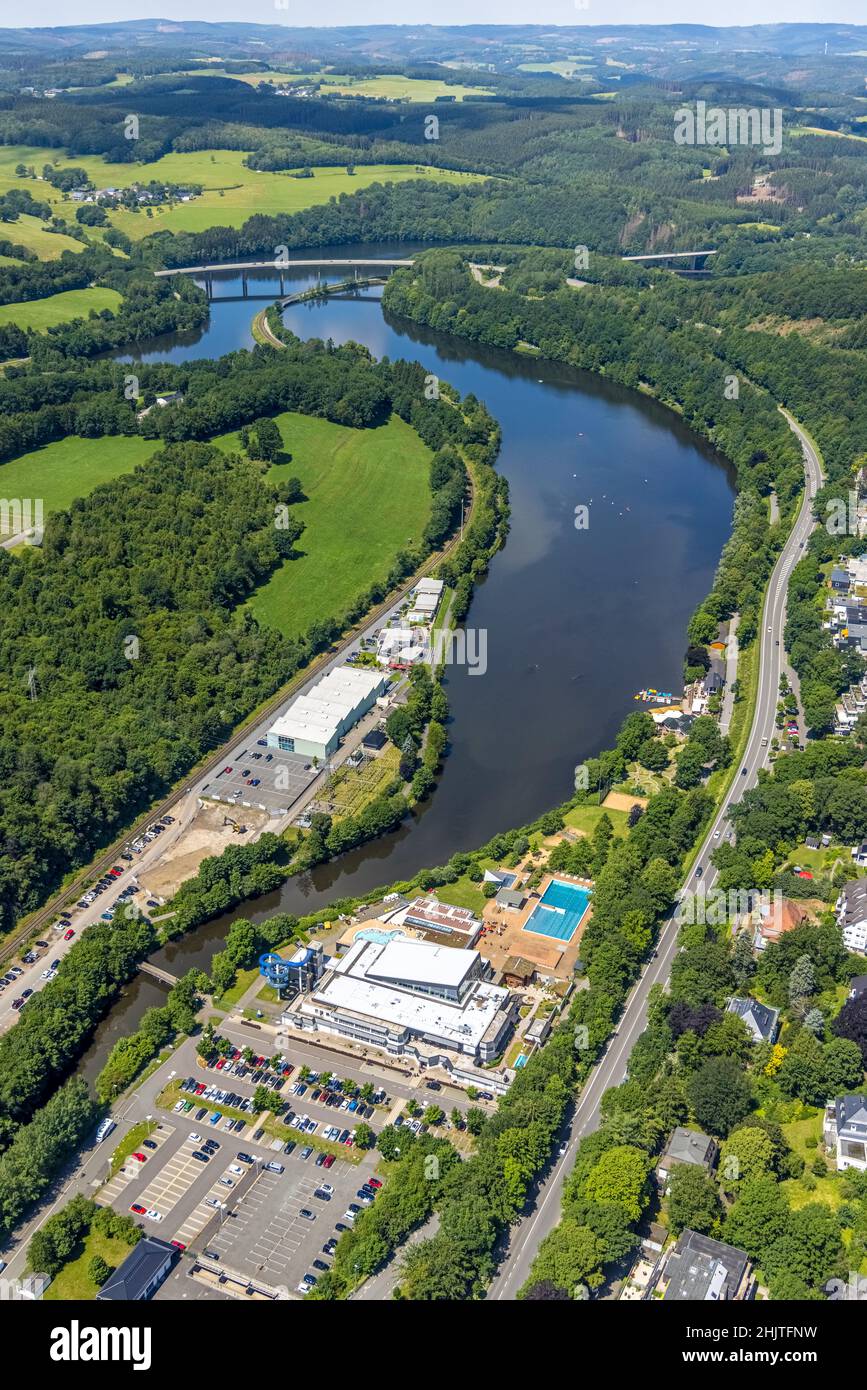 Aerial view, Biggesee, upper lake, leisure pool Olpe, Olpe town, Olpe ...