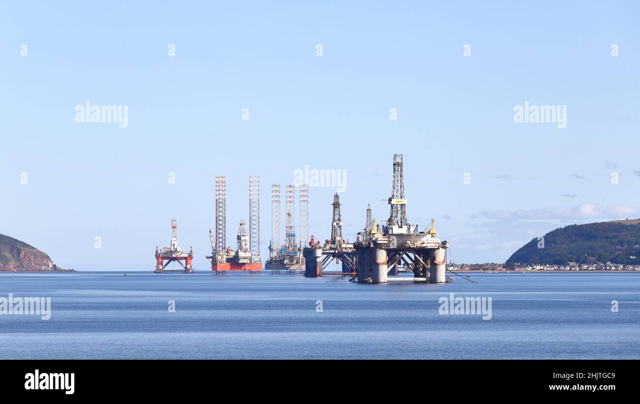The view from Invergordon towards a row of oil rigs. Invergordon is a ...