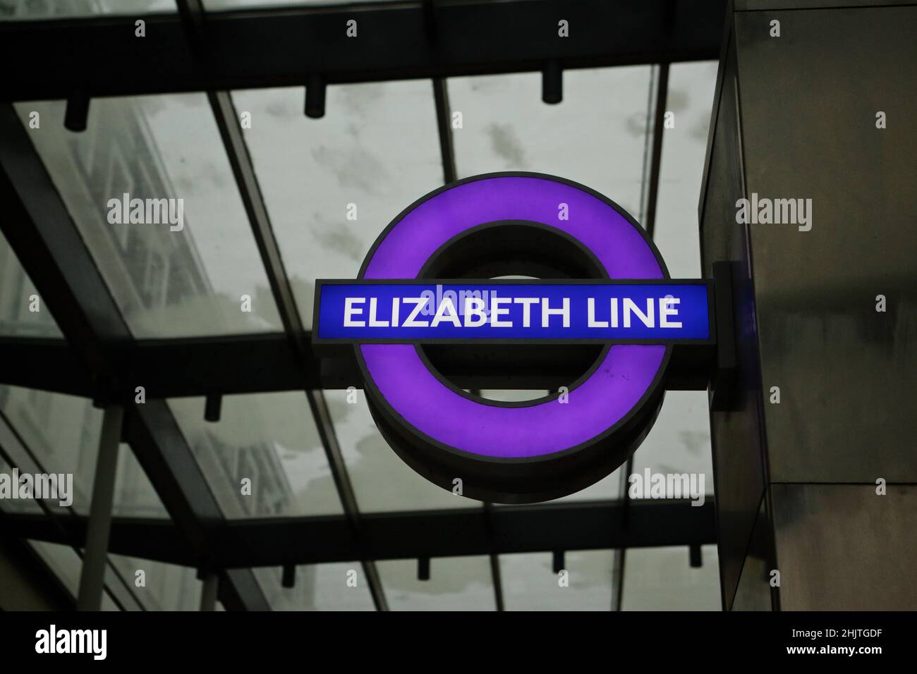 London (UK), 27.01.2022: Illuminated signage for the new Elizabeth line ...