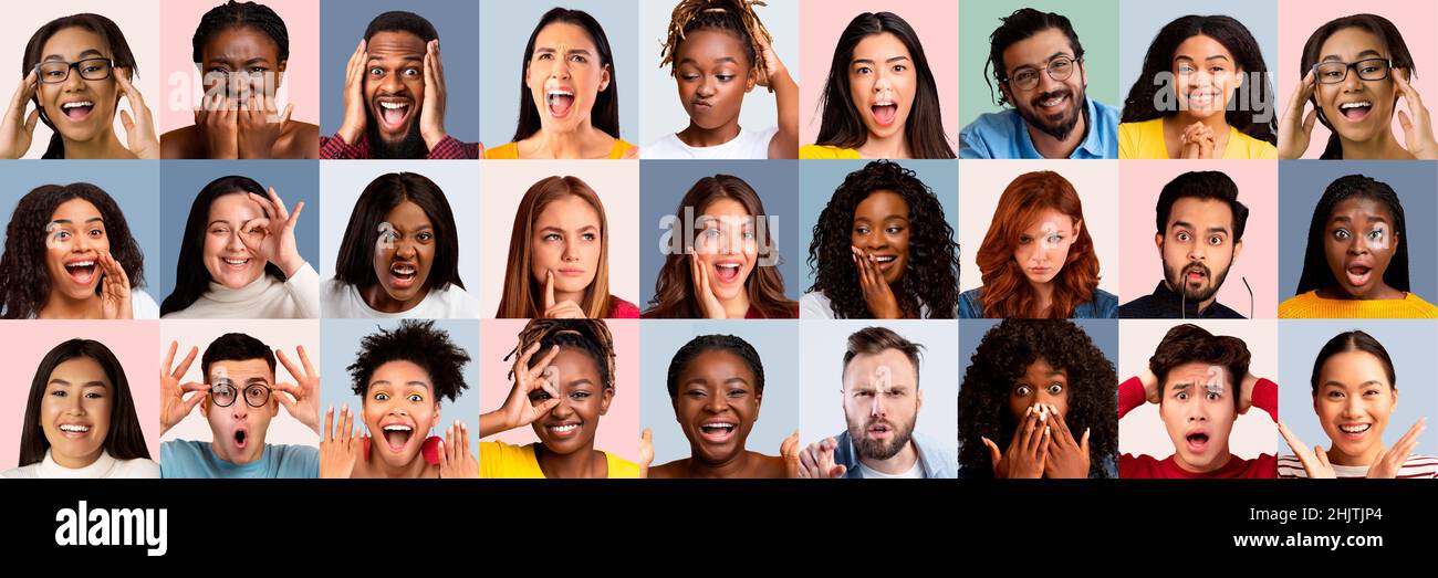 Multiethnic millennial people students showing different emotions, set ...