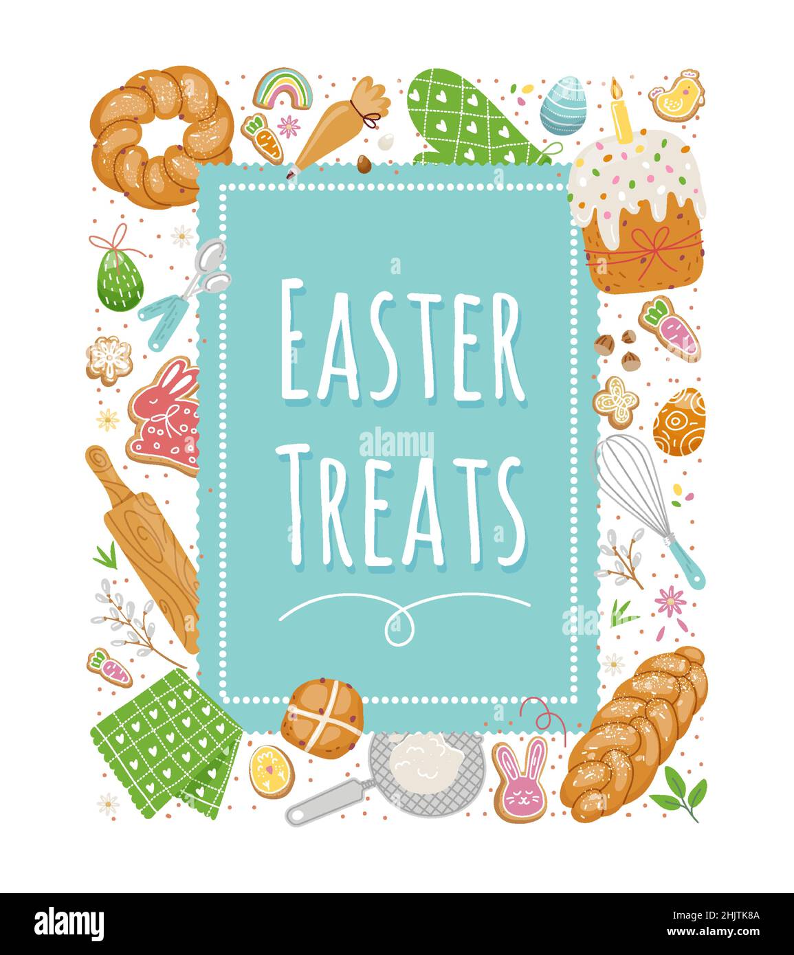 Easter treats.Traditional spring food.Colorful egg.Template cooking ...