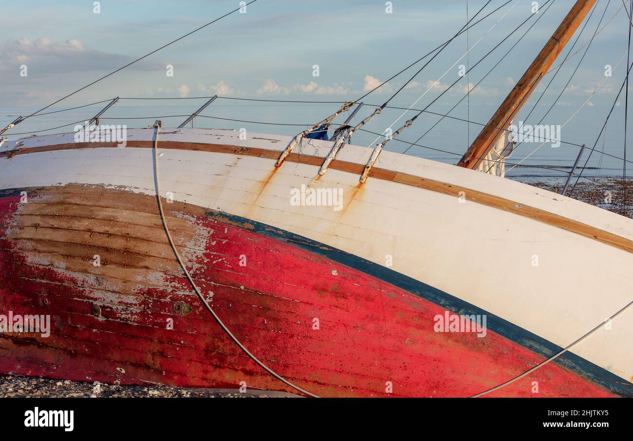 Recreational sailing yacht seen shipwrecked on the beach of Pagham, UK ...