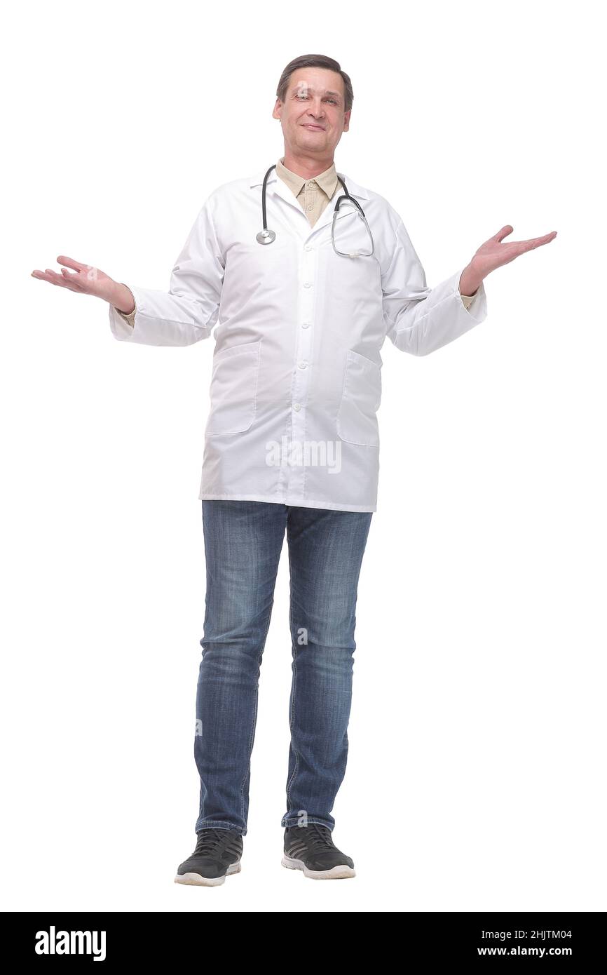 Front view of doctor making a welcome gesture and smiling Stock Photo ...