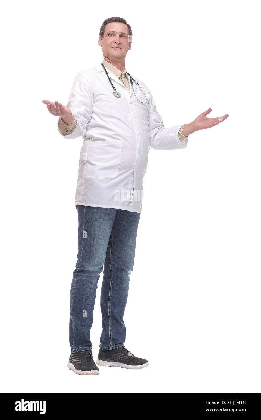 Full length portrait of smiling mid adult doctor giving presentation ...