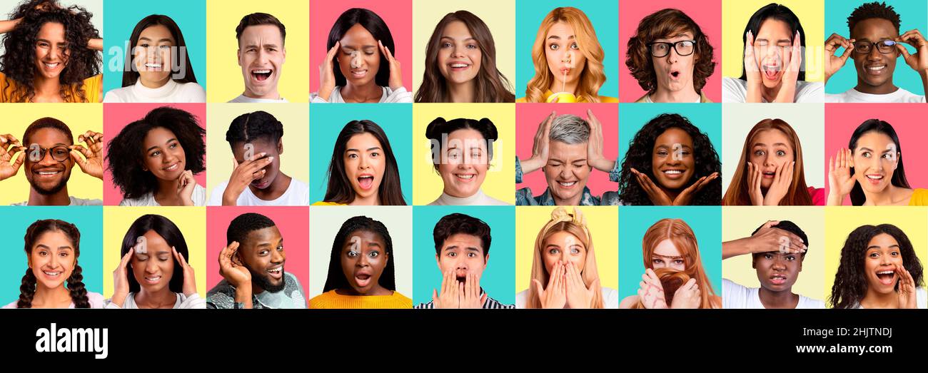 Different people posing on colorful backgrounds, set of photos Stock ...