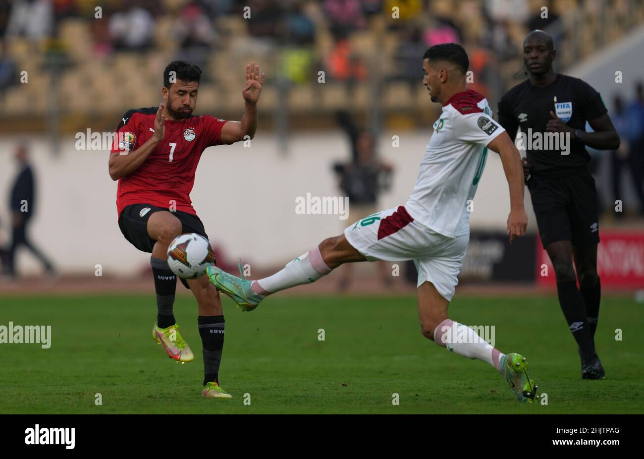 Yaoundé, Cameroon, January, 30, 2022: Trézéguet of Egypt and Romain SaÃ ...