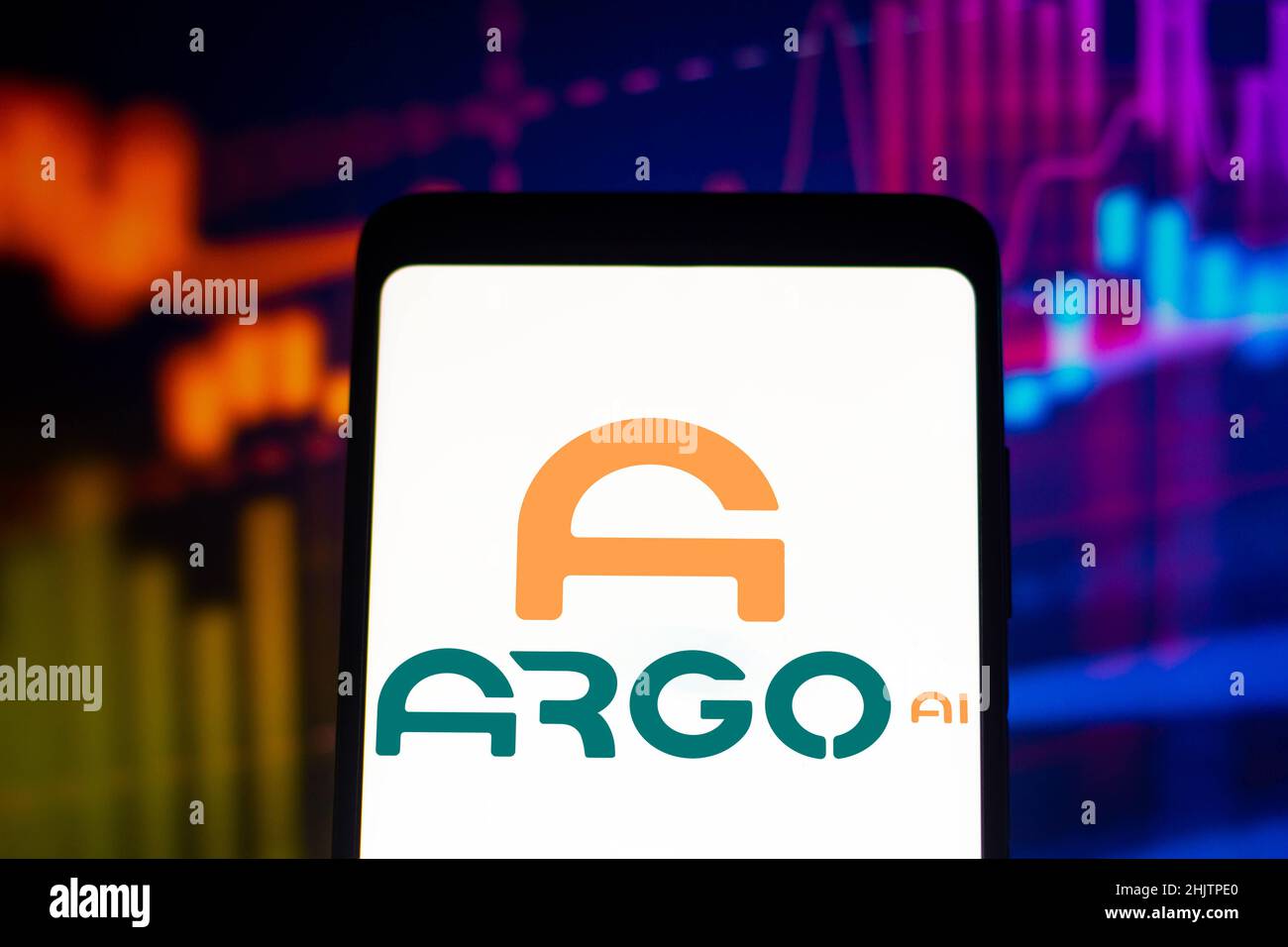 In this photo illustration the Argo AI logo seen displayed on a ...