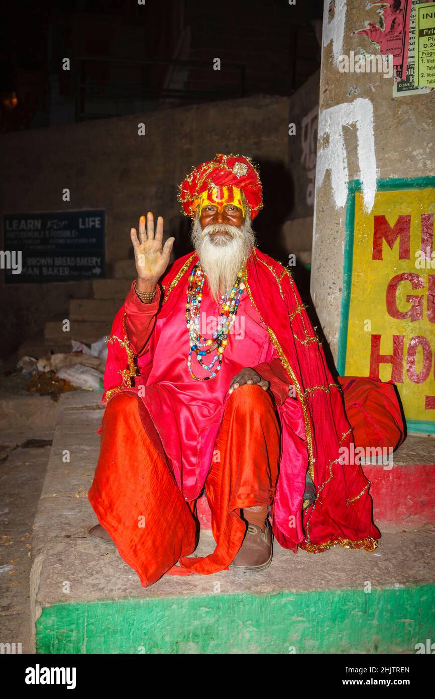 Hindu lifestyle: portrait of a typical sadhu or holy man with raised ...