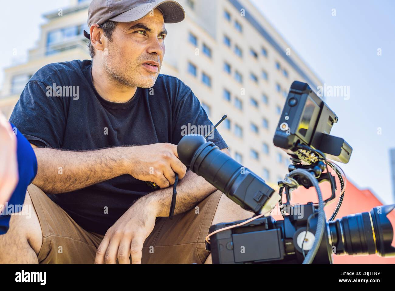 Shooting process on cinema stage - commercial production set, exterior ...