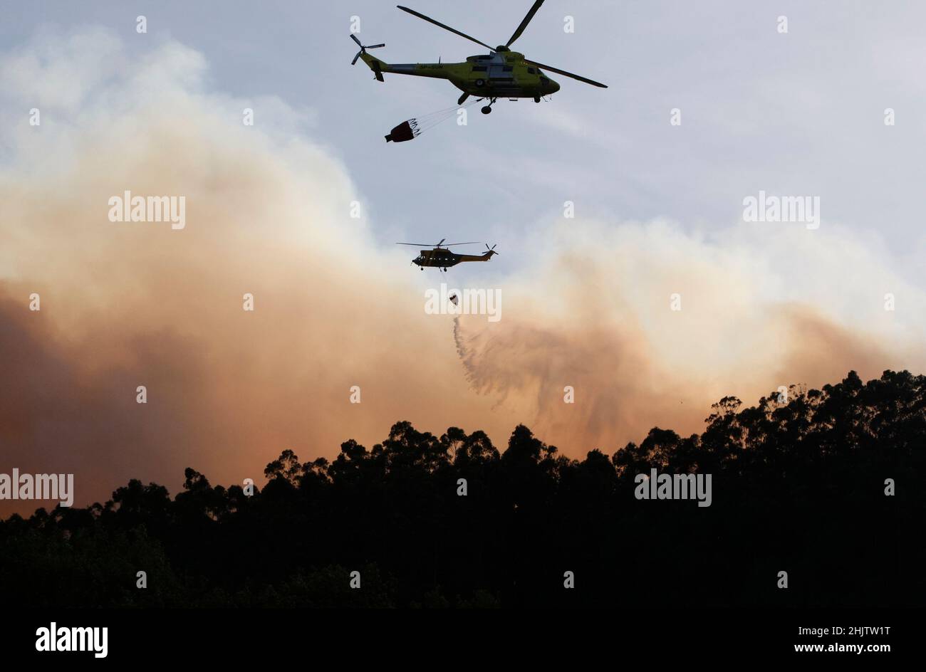 The silhouette of two firefighting helicopters flying during a forest ...